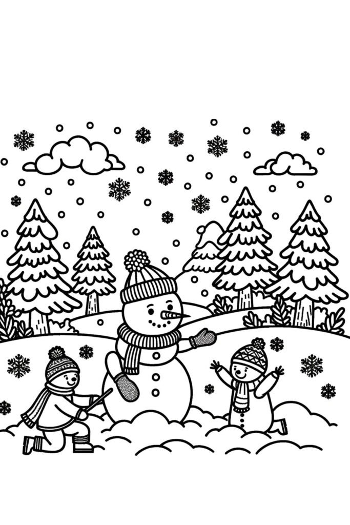 冬の塗り絵『雪だるまの友達』【子供向け図柄の無料ダウンロード】- 印刷・商用利用可 | 無料プリントのスタプリ
